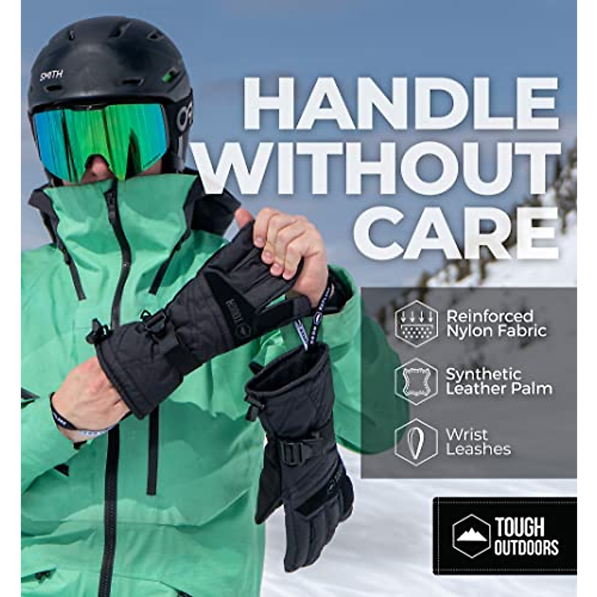 Tough Outdoors Ski Gloves - Waterproof Snow Gloves for Women and Men - Winter Snowboard Gloves - Skiing & Snowboarding Gloves for Cold Weather - with Wrist Leashes, Nylon Shell, Thermal Insulation