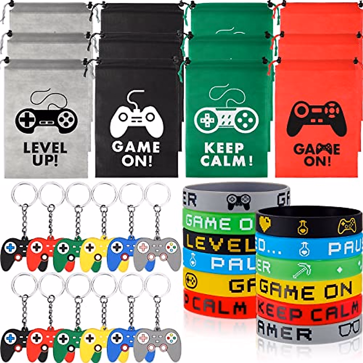 36 Pieces Video Game Party Favors Set Include Gamer Party Favor Bags with Drawstring Silicone Bracelets Wristbands Game Controller Keychains for Boys Girls Gaming Birthday Party Supplies Decorations