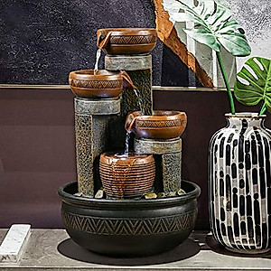 Agoodping 15.7''H Relaxation Desktop Waterfall Fountain Decor Portable Tabletop Waterfall Fountains ,Indoor Waterfall Feature with LED Light for Home Office Bedroom (Brown, 15.7inch)