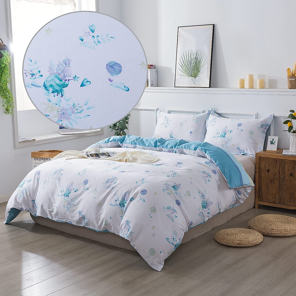 Brandream Kids Bedding Full Size Boy 100% Cotton Set Blue Adventure Hot Air Balloon Duvet Cover Set 3-Piece (No Comforter Included) Reversible