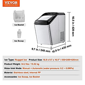 VEVOR Nugget Ice Maker, 30lbs in 24 Hrs, Countertop Nugget Ice Maker with 3Qt Reservoir, Manual & Auto Refill Self Cleaning Sonic Pebble Ice Maker for Home Office Party RV
