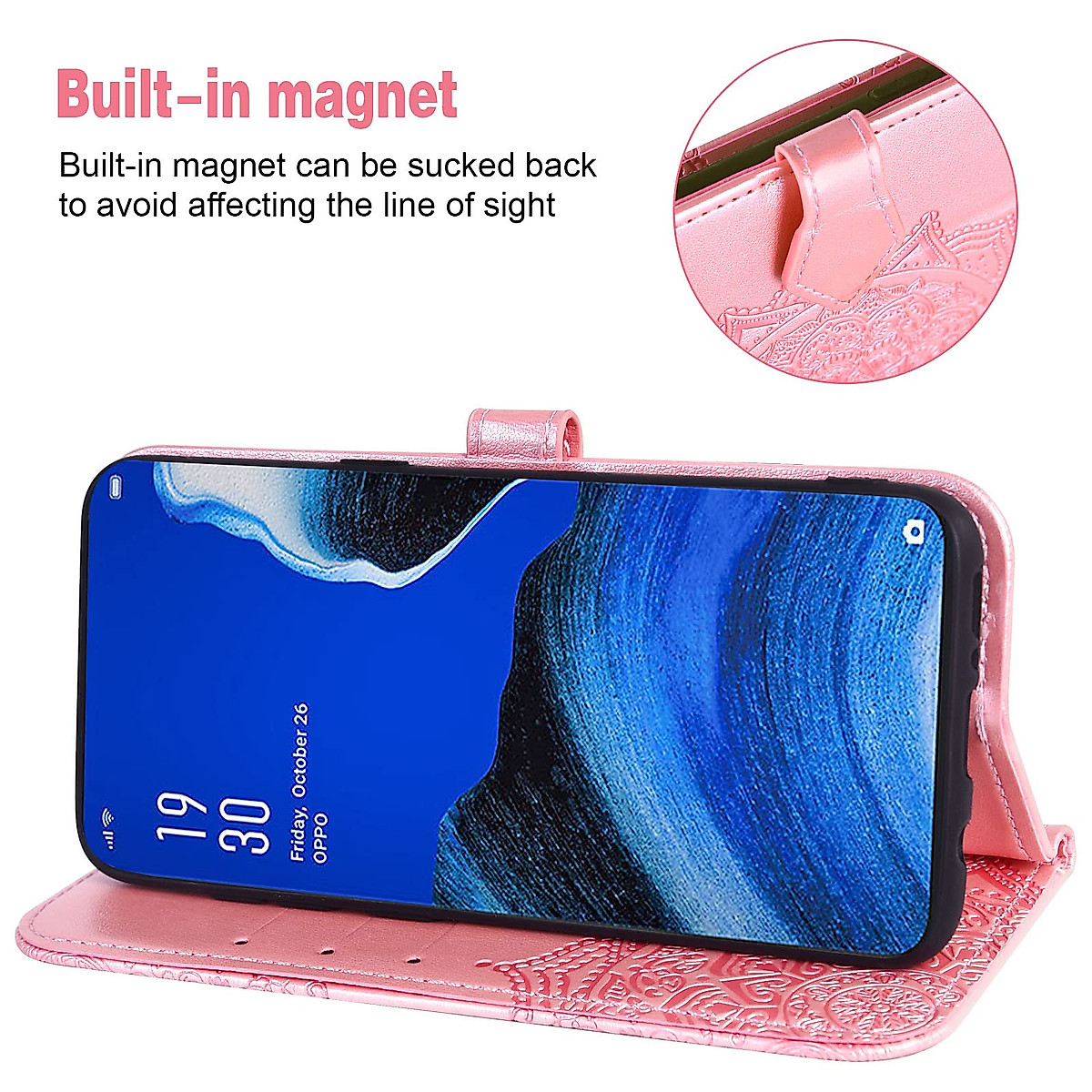 Asuwish Compatible with Oppo Reno2 Z Wallet Case and Tempered Glass Screen Protector Leather Mandala Flower Flip Cover Card Holder Stand Cell Accessories Phone Cases for Reno2Z 2019 Women Rose Gold