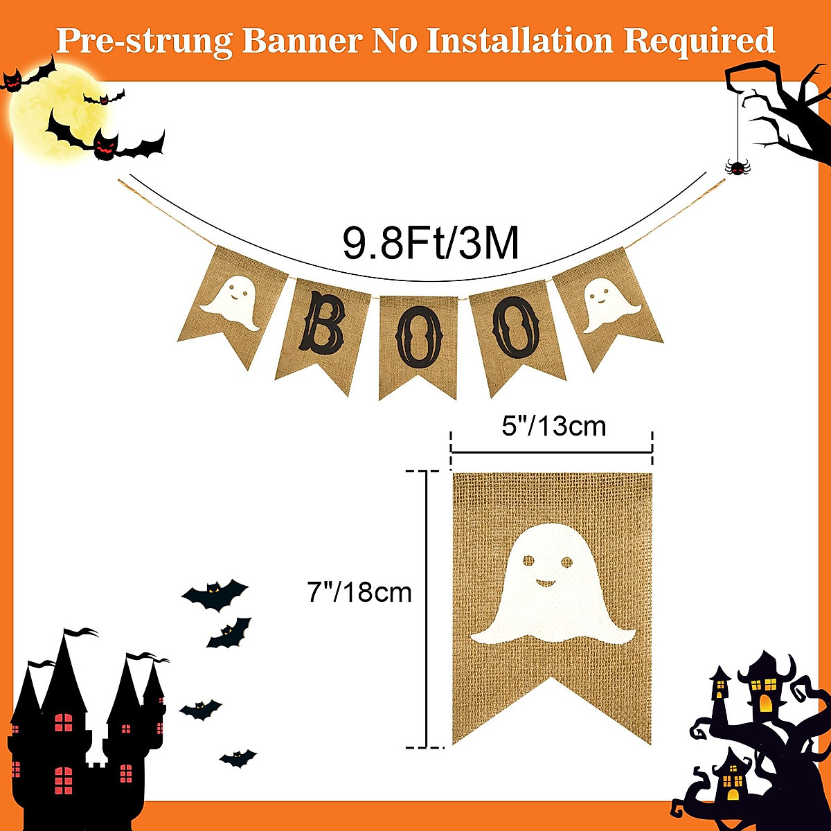 jijAcraft BOO Halloween Banner, Burlap Halloween Bunting Banner with BOO and Ghost, Happy Halloween Decorations Banner for Indoor Fireplace Wall Porch and Outdoor Halloween Party Decoration