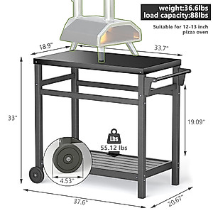 Outdoor Prep Dining Table,Movable Pizza Oven Stand, Stainless Steel Patio Bar Cart,Patio Grilling Backyard BBQ Grill Cart,Dark Gray Tabletop(Gray)
