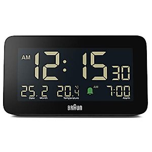 Braun Digital Alarm Clock with Date, Month and Temperature Displayed, Negative LCD Display, Quick Set, Crescendo Beep Alarm in Black, Model BC10B.