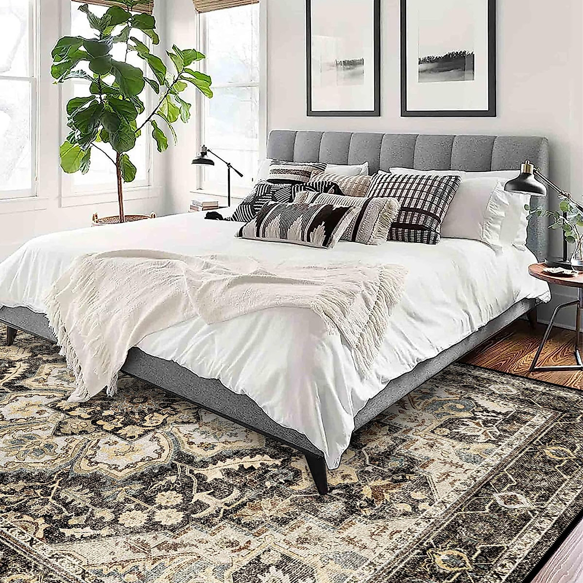 TOPRUUG Washable Oriental Area Rug - 9x12 Rugs for Living Room Soft Carpet for Bedroom Waterproof Floral Distressed Indoor Stain Resistant Non-Shedding Floor Carpets (Black/Grey, 9x12)