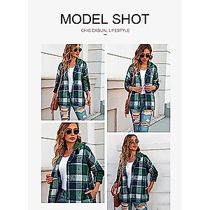 EVALESS Women's Hooded Flannel Fall Fleece Plaid Shacket Jacket 2023 Fashion Casual Long Sleeve Button Down Shirts Coats,Green XL