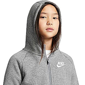 Nike Girl's NSW Full Zip Hoodie, Carbon Heather/White, Large