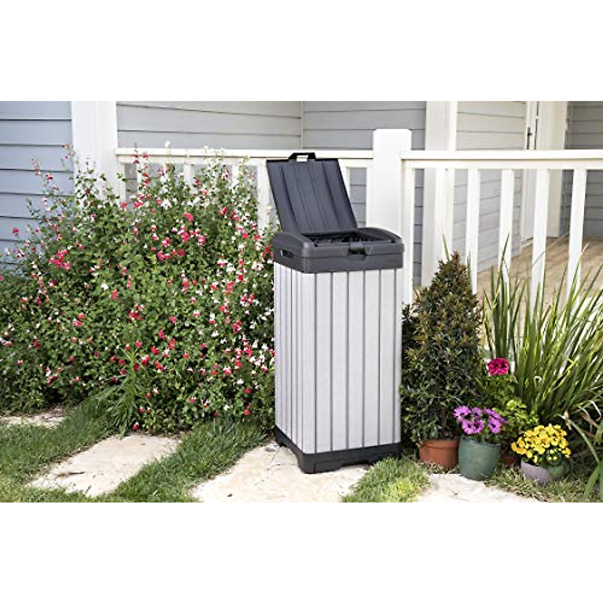 Keter Rockford Resin 38 Gallon Trash Can with Lid and Drip Tray for Easy Cleaning-Perfect for Patios, Kitchens, and Outdoor Entertaining, Grey