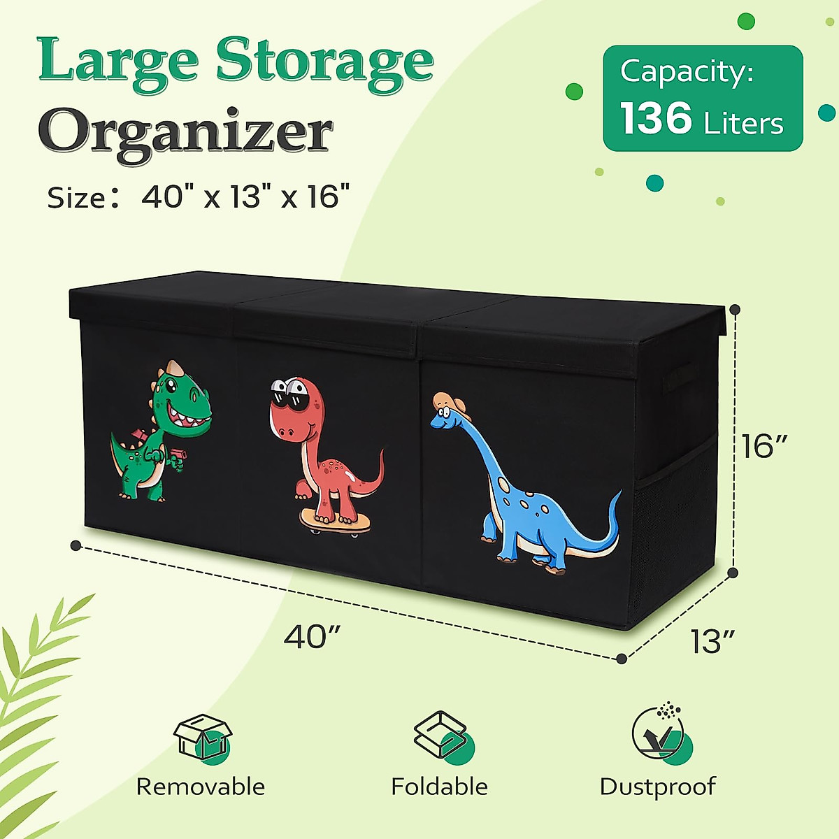 downluxe Extra Large Storage Bins with Lids and Handles, 136 L Collapsible Sturdy Storage Containers, Black Storage Basket Box Organizer for Closet, Living Room, Bedroom, 40"x13"x16", Dinosaur