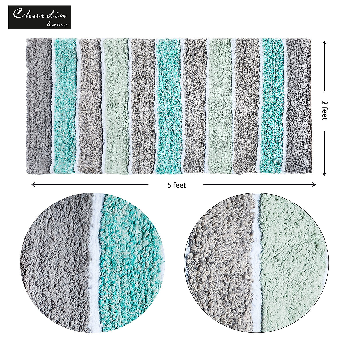 Chardin home Cordural Stripe Bath Rug Runner with Skid Resistant Latex Spray Underneath. Mint Green/Grey, 24" W x 60'' L