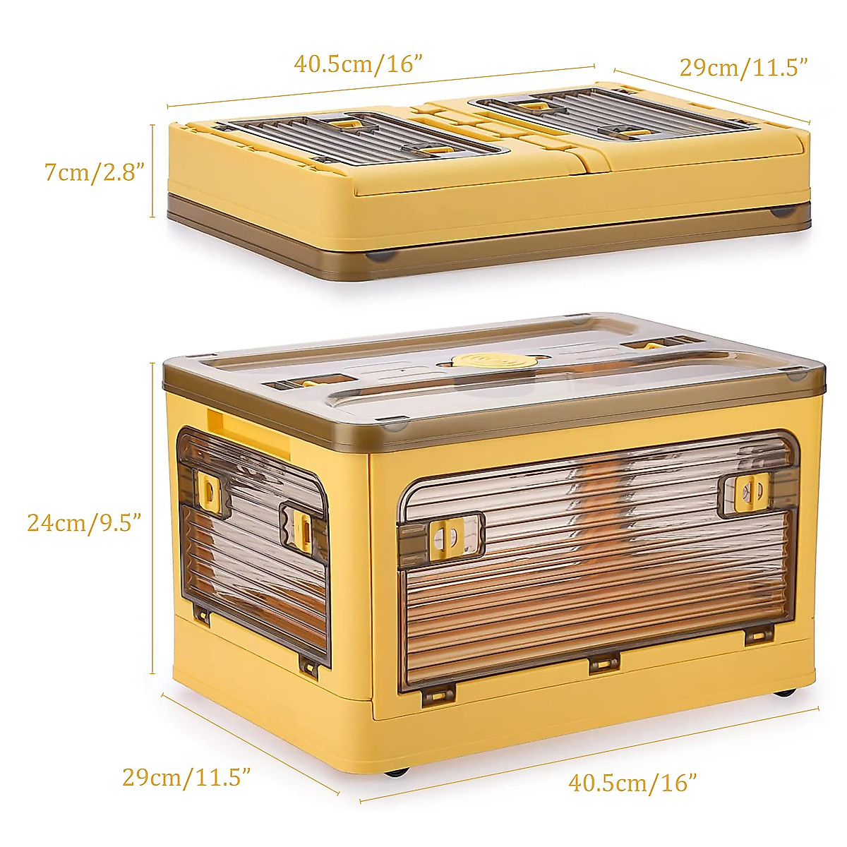 Aimisin Folding Storage Bins, 28 Liters, 2 Pcs Green Plastic Storage Containers with Wheels, Four Doors, Foldable, Stackable, Plastic Box with Lids for Organization, Storage Cart