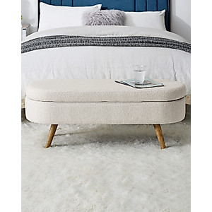 ECLYL Oval Storage Bench 43.5" Linen Fabric Upholstered Entryway Bench with Solid Wood Legs Ottoman Bench Indoor Bench for Living Room/Bedroom/End of Bed/Entryway (Beige)