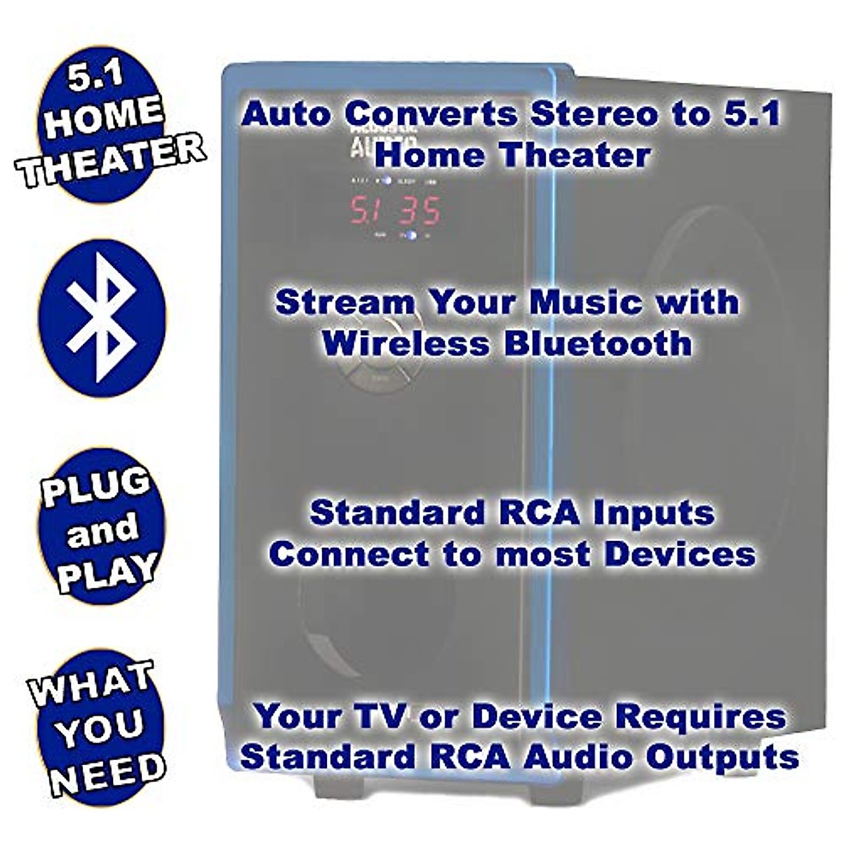 Acoustic Audio AA5102 Bluetooth 5.1 Speaker System with Optical Input and 2 Extension Cables