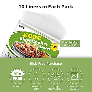 [NEW] KOOC Disposable Slow Cooker Liners and Cooking Bags, 1 Pack(10 Counts), Large Size Pot Liners Fit 4QT to 8.5QT, 13"x 21", Fresh Locking Seal Design, Suitable for Oval & Round Pot, BPA Free