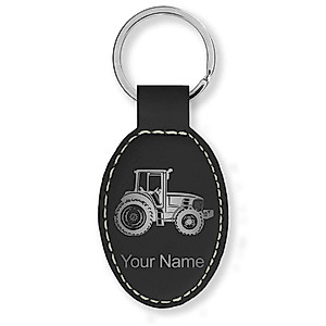 LaserGram Oval Keychain, Farm Tractor, Personalized Engraving Included (Black with Silver)