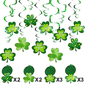 JOYIN 27 Pcs St. Patrick's Day Decoration with Irish Saint Patricks Green Shamrock Foil Strings, Hanging Swirls with Garland. St Patricks Ceiling Hanging and Wall Decoration