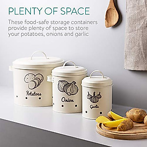 Navaris Potato Onion Garlic Storage Canisters (Set of 3) - Keeper Canister Tin Containers for Potatoes, Onions and Garlic - Vintage Look - Cream
