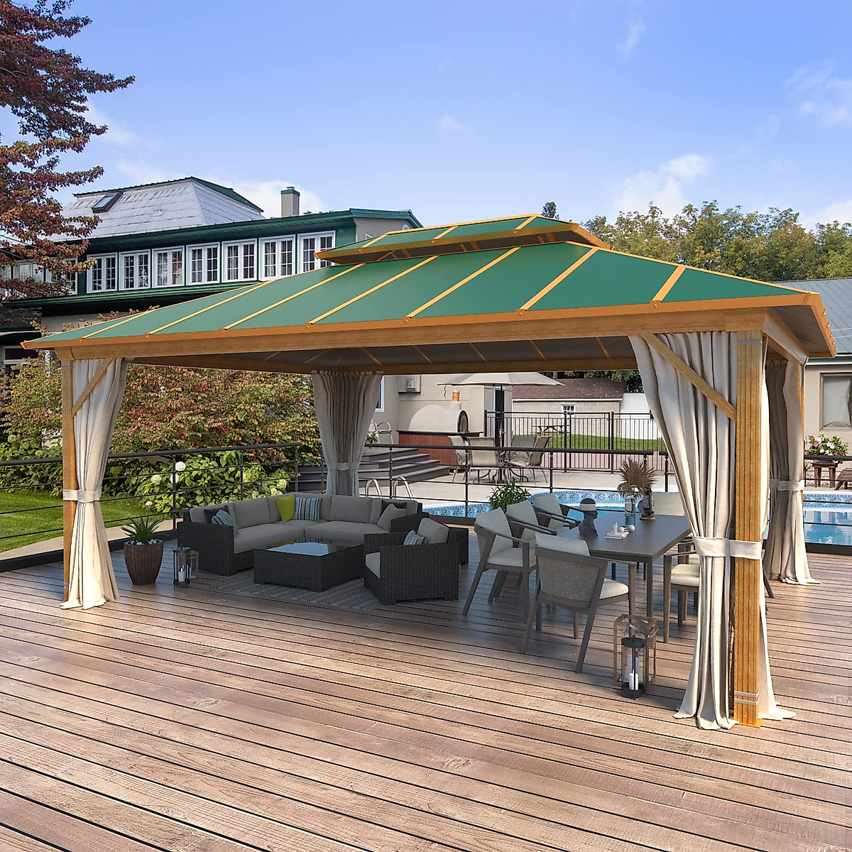 MELLCOM 12' x 16' Hardtop Gazebo, Wooden Grain Coated Aluminum Frame Outdoor Gazebo with Aluminum Double Roof, Claret Metal Gazebo with Curtains and Nettings for Patios, Gardens, Lawns