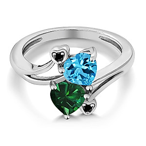 Gem Stone King 925 Sterling Silver Swiss Blue Topaz Green Nano Emerald and Black Diamond Ring For Women (1.66 Cttw, Heart Shape 6MM, Gemstone November Birthstone, Available In Size 5, 6, 7, 8, 9)