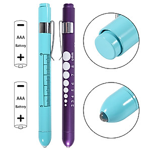 Aokin Pen Light with Pupil Gauge, Reusable LED Penlight Medical for Doctor Nurse Diagnostic etc, White Light, Sky Blue and Purple