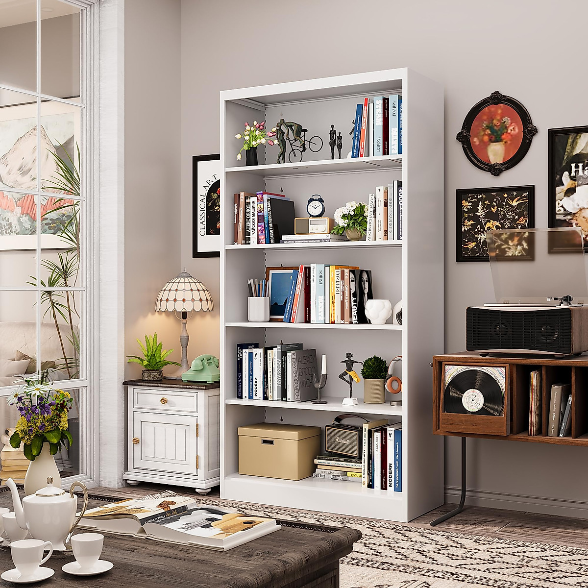 LyAosdFu Metal Bookcase, 14" Deep Bookshelf, 66" Tall Bookcases with Adjustable Shelves, 5 Shelf Bookcase, Industrial Bookshelves and Bookcases for Living Room, Office, Library. White Book Shelf.