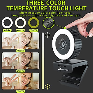 LPDISPLAY 1080P Webcam with Microphone,60 FPS USB Webcam 2 Mics Streaming with Privacy Cover,90°View,3 Color Adjustable Ring HD Webcam for Mac Laptop Desktop Gaming Conferencing