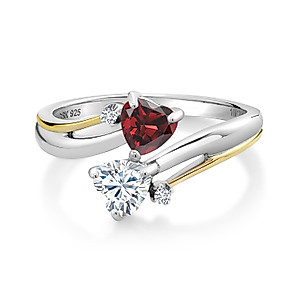 925 Sterling Silver and 10K Yellow Gold Red Garnet and Forever Classic Moissanite from Charles & Colvard 2 Heart Promise Engagement Mother Ring (1.12 Cttw, Available In Size 5, 6, 7, 8, 9)