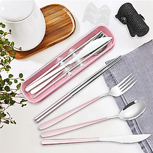 Portable Travel Utensils Set with Case, Pink Reusable Silverware Set, TWUTGAYW 18/8 Stainless Steel Knife Forks Spoons Chopsticks Reusable Travel Camping Cutlery for Lunch Box Office Picnic Daily Use