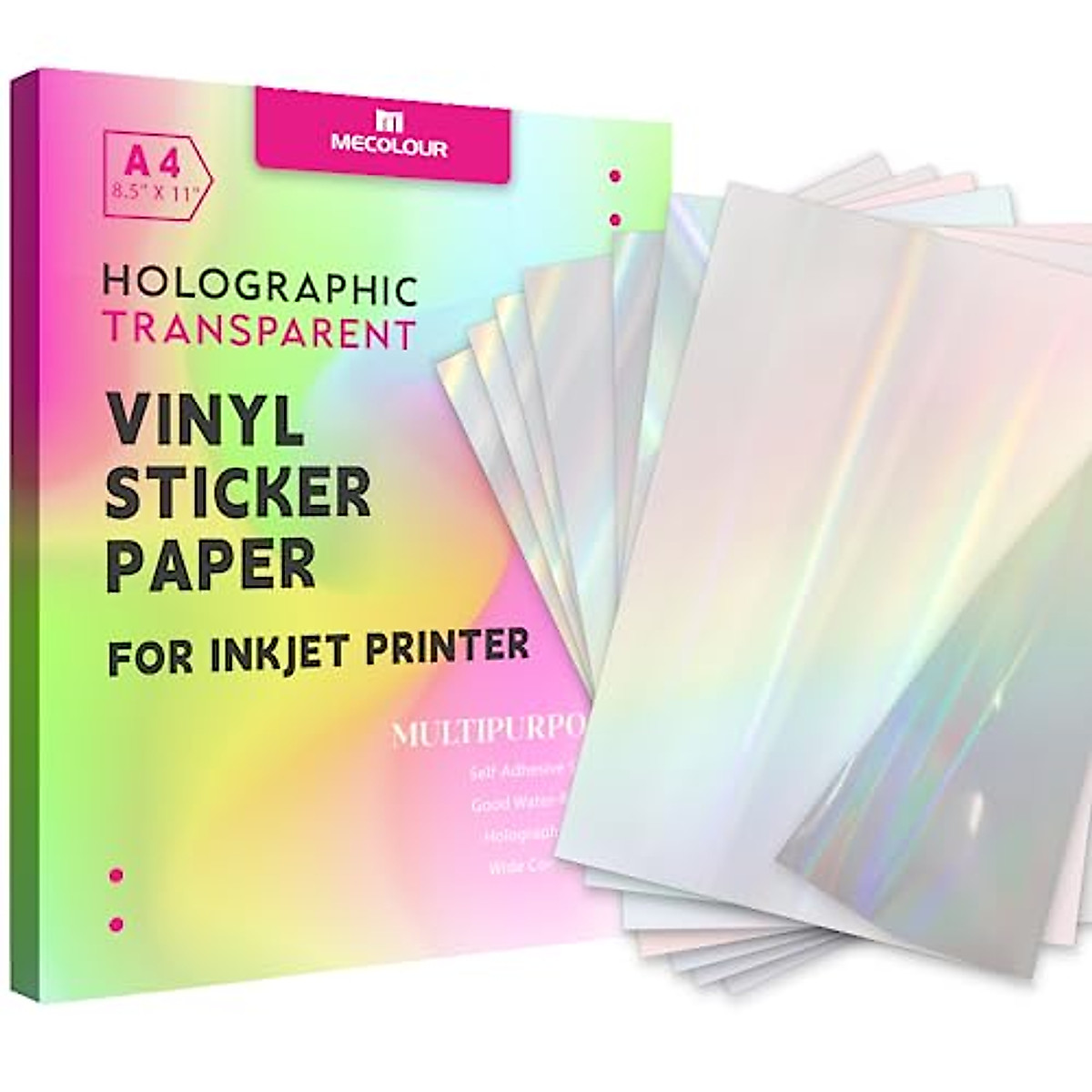 Printable Vinyl Sticker Paper DIY Decal Paper for Inkjet & Laser Printer Self-Adhesive Sheets Holographic Transparent 100 Sheets 8.5X11"