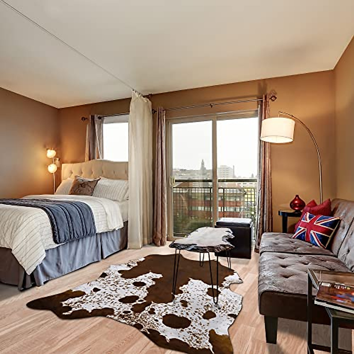 Foxmas Cowhide Rug for Living Room, Cow Print Rug for Bedroom, Faux Cow Hides and Skins for Office, Cow Print Table Runner Throw Rugs, Faux Fur Fabric Rug Animal Print Decor Desk Rug 5.2x6.2 Feet