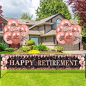 Happy Retirement Decorations for Women Large Rose Gold and Black Happy Retirement Banner Yard Sign with 18Pcs Rose Gold Retirement Balloons for Women Men Retirement Farewell Anniversary Party Supplies