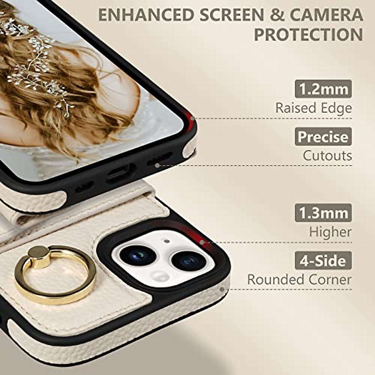 Keallce Case for iPhone 13 6.1'' Wallet Case 2021, Flip Leather Case with 4 Card Holder, [Stand Ring Holder Kickstand] Folio Protective Phone Cover for Ladies Women Compatible with iPhone 13 5G, Beige