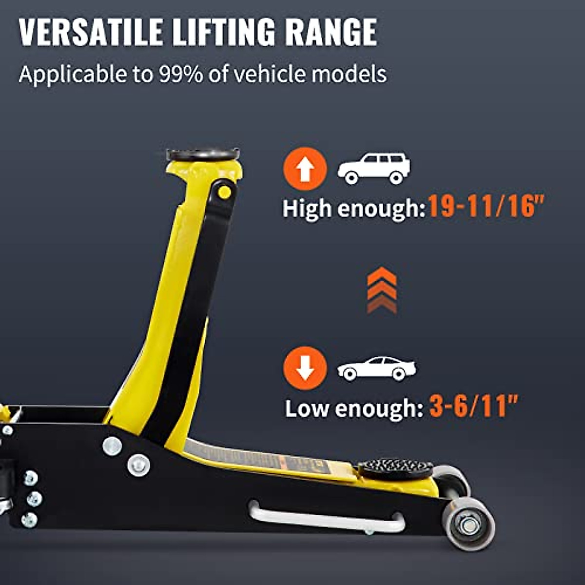 VEVOR 3 Ton Low Profile , Aluminum and Steel Racing Floor Jack with Dual Pistons Quick Lift Pump for Sport Utility Vehicle, Lifting Range 3-6/11"-19-11/16", yellow,black