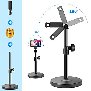 BILIONE 3 in 1 Multi-Function Desktop Microphone Stand, Adjustable Table Mic Stand with Microphone Clip, Cell Phone Clip, 5/8" Male to 3/8" Female Metal Adapter