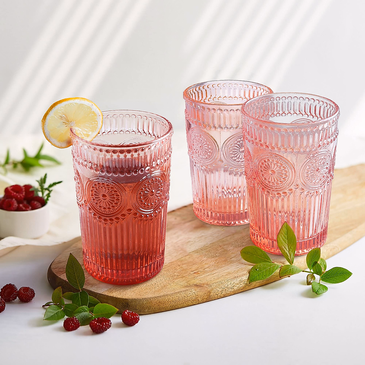 Joeyan Pink Drinking Glass Cups,Flower Embossed Romantic Water Tumblers,Vintage Highball Glassware for Juice Beverage Wine Cocktail,Great for Wedding Party Home Daily Use,11.5 oz,Set of 4
