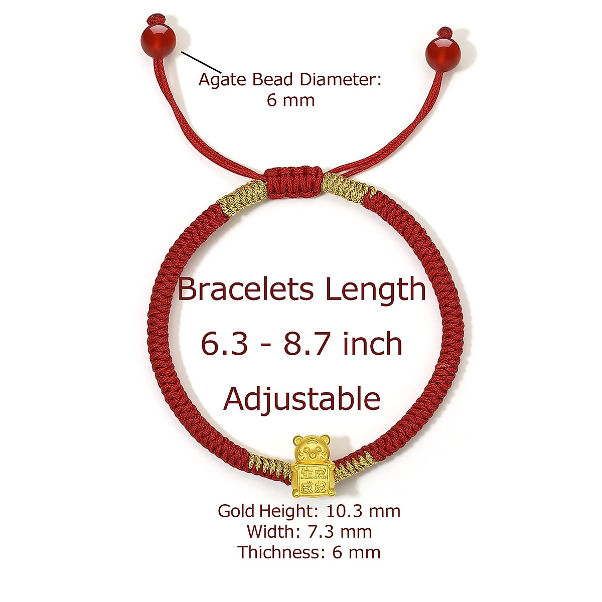 ZHOU LIU FU 24K Solid Gold Bracelets, Real Pure Gold Bracelet Chinese Zodiac Jewelry Adjustable Red Braided Bracelet Rabbit Dragon Dog Piggy with Blessing Idiom for Women Men Girlfriend