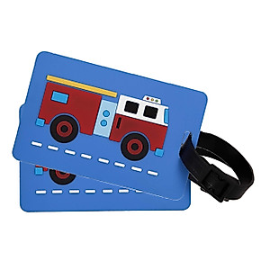 Wildkin Kids Luggage Tags for Boys and Girls, Includes 2 Matching Bag Tags and Removable Information Card, Perfect Size for Attaching to Suitcases, Backpacks and Duffle Bags, Olive Kids (Fire Truck)
