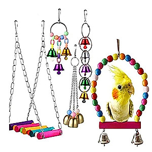 5 Pieces Birds Toys, Cages Decorative Accessories, Hanging Hammock Bell Swing Chewing Toys for Parrots, Small Parakeet, Parakeet, Conure, Cockatiel, Love Birds, Mynah