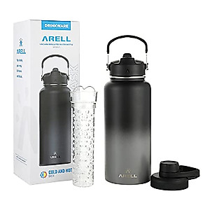 ARELL Wide Mouth Sports Water Bottle - Leakproof Vacuum Insulated for Hot & Cold Beverages - Double-Wall Metal Canteen with Sweatproof Straw Lid, Chug Cover, Fruit Infuser - 32oz Midnight