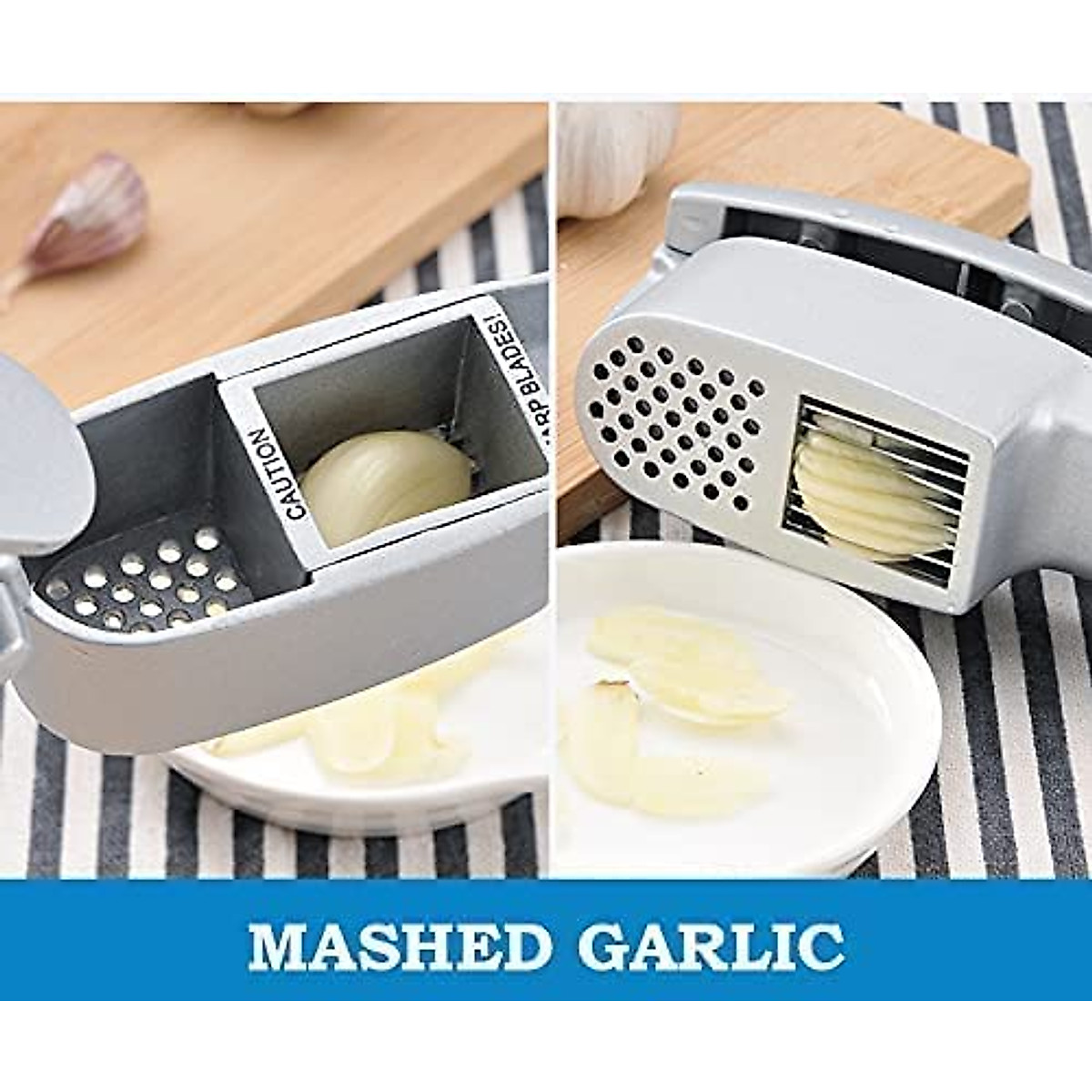 Garlic Press, 2 in 1 Garlic Mince and Garlic Slice with Garlic Cleaner Brush and Silicone Tube Peeler Set, Easy Squeeze, Rust Proof, Dishwasher Safe