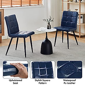 CLIPOP Kitchen Faux Leather Dining Chairs Set of 4, Mid-Century Modern Dining Chair with with Square Grid Design Backrest Heavy Duty Metal Legs, Armless Kitchen Accent Chair for Living Room, Blue