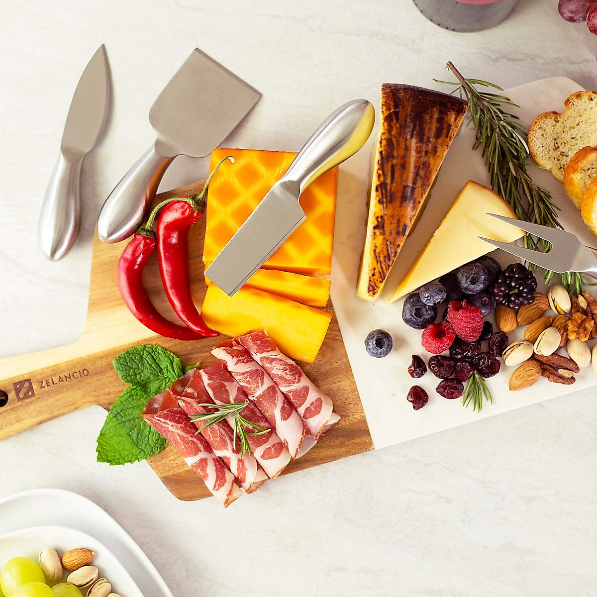 Zelancio Marble and Acacia Wooden Serving Cheese Board, 6 Piece Set Includes Stainless Steel Cheese Tools, Serving Paddle, Wood Cheese Knife Holder with Integrated Magnets