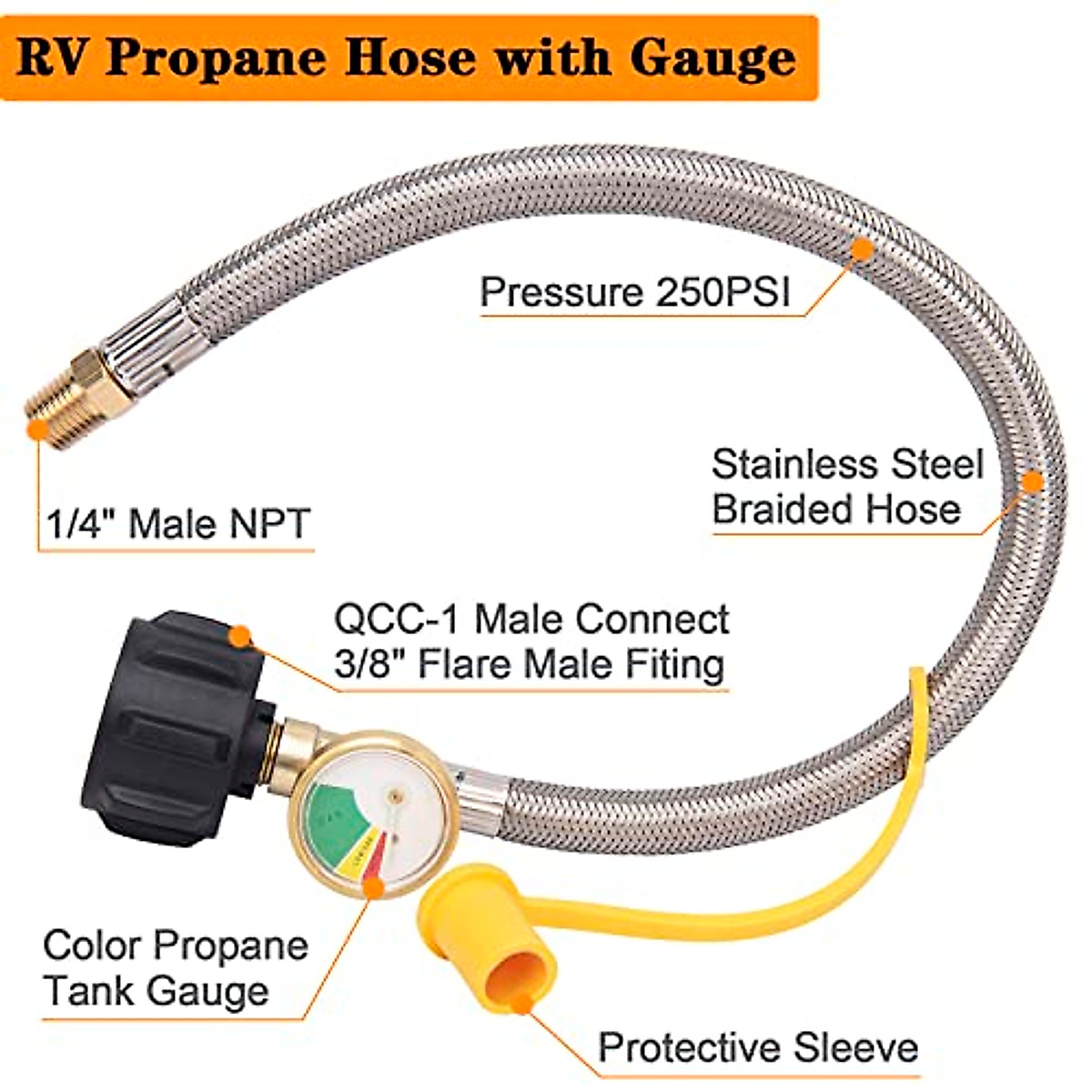 15 inch RV Propane Hose with Gauge, Stainless Steel Braided Tank RV Propane Pigtail Hose Line for Camper Standard Dual Stage Regulator 1/4-Inch Male NPT x QCC-1 Fittings 40Lb 250PSI (2 Pack)