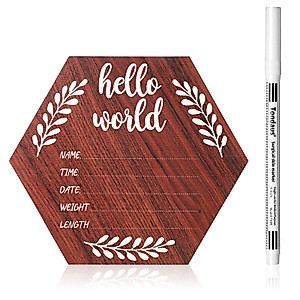 5.5 Inch Baby Birth Announcement Sign for Hospital Cherry Wooden Newborn Name Sign Hexagon Sign with White Paint Marker for Baby Gift Nursery Wall Decor