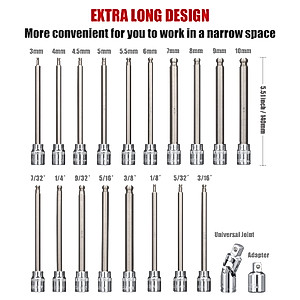 RIMKOLO 3/8 Inch Drive Long Ball End Hex Bit Socket Set,20-Piece SAE & Metric Allen Socket Set 3mm to 10mm & 1/8-3/8 Inch S2 Steel Bits