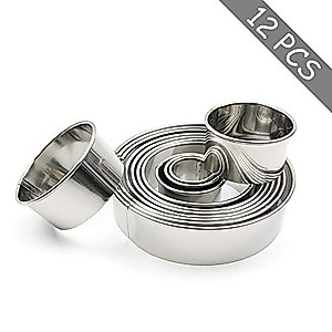 RIHAI Stainless Steel Round Cookie Cutter Set, 12 Circular Biscuit Cutters Round Donut Ring Molds for Baking 1.2 Inch Height