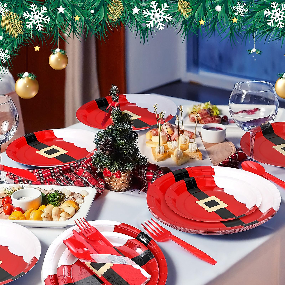 Bokon 96 Pcs Santa Belt Plates Christmas Party Supplies Disposable Party Dinnerware Set Christmas Napkins Knives Forks Spoons Christmas Party Decorations for Xmas Holiday Dinner Home Serves 24