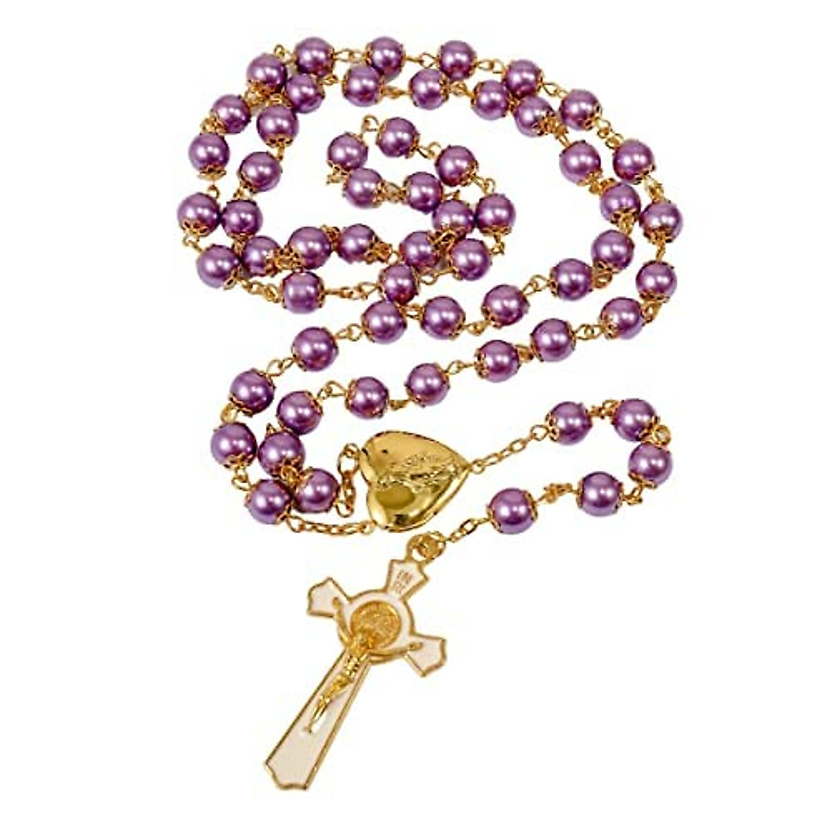Nazareth Store Purple Pearl 8mm Beads Rosary Necklace Gold Prayer Chaplet with Miraculous Open Up Locket Centerpiece Medal and White Enamel Cross