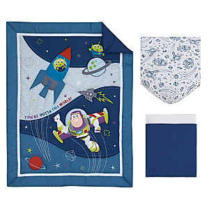 Disney Toy Story Outta This World Blue and Gray 3 Piece Nursery Crib Bedding Set - Comforter, Fitted Crib Sheet, and Crib Skirt